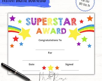 Superstar Children's Award, School Awards, Printable, INSTANT DOWNLOAD ...