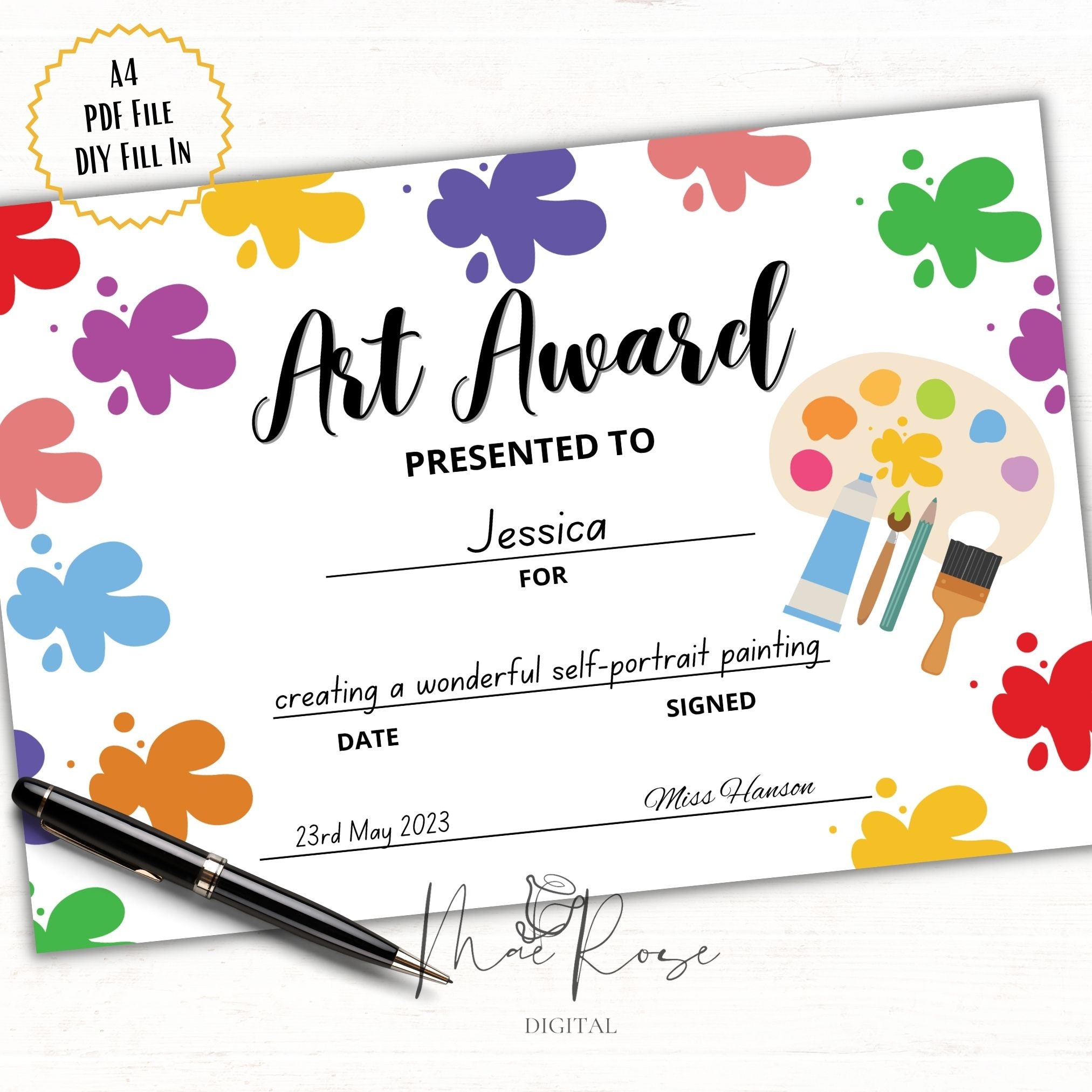 Art Children's Award, School Awards, Printable, INSTANT DOWNLOAD ...