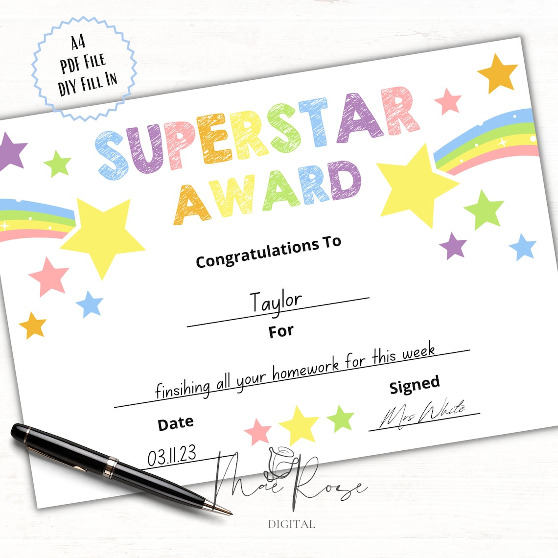 Superstar Children's Award, School Awards, Printable, INSTANT DOWNLOAD ...