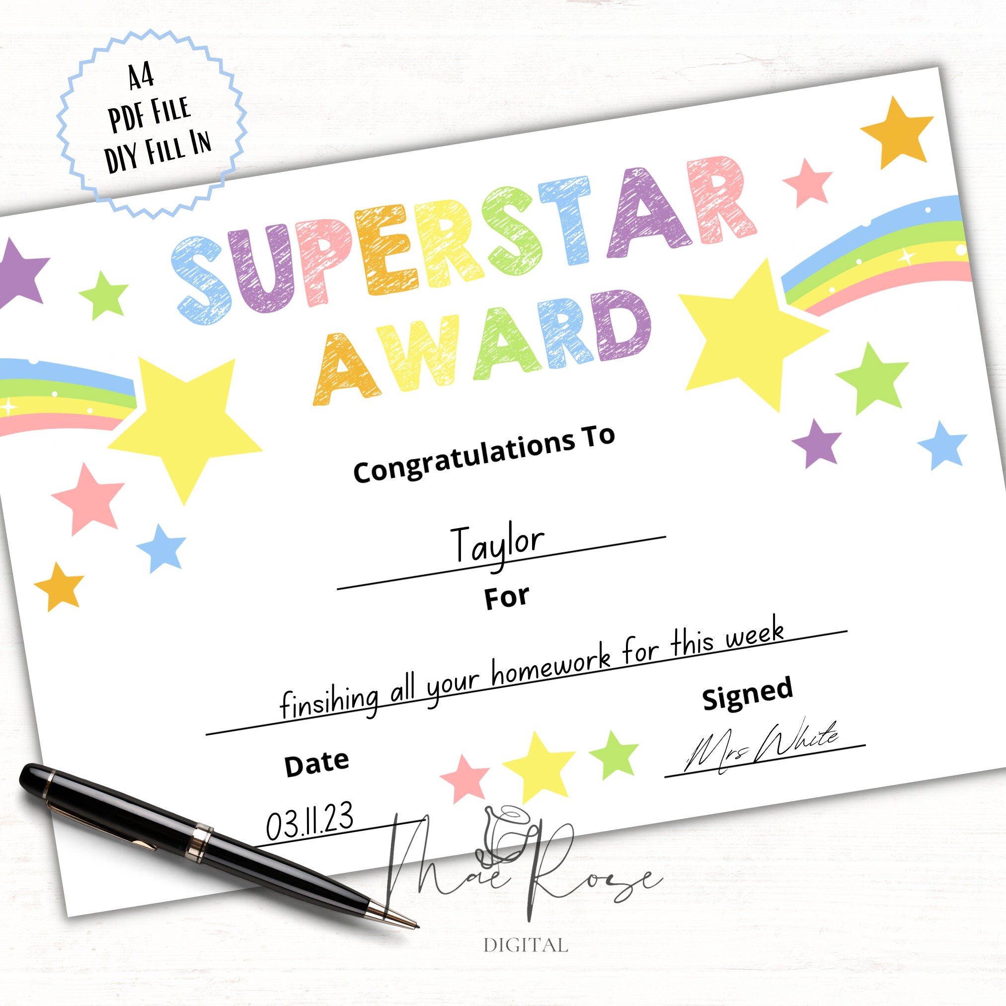 Superstar Children's Award, School Awards, Printable, INSTANT DOWNLOAD ...