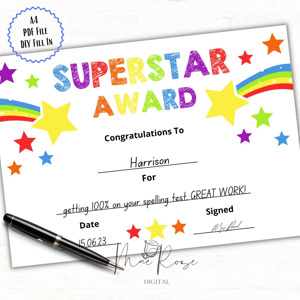 Superstar Children's Award, School Awards, Printable, INSTANT DOWNLOAD ...