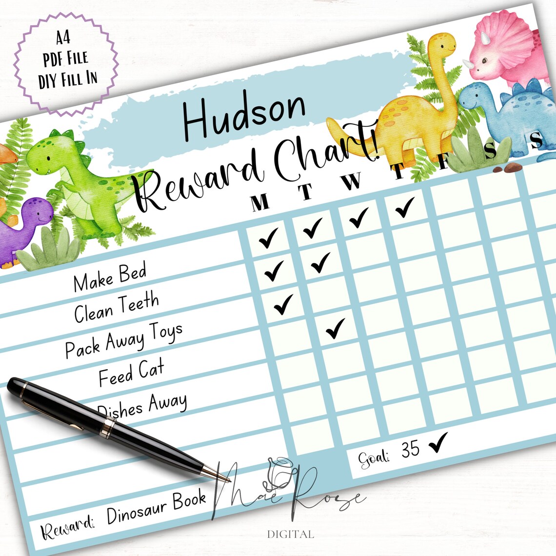 Dinosaur Reward Chart, Printable Reward Chart, Daily Chore Chart ...