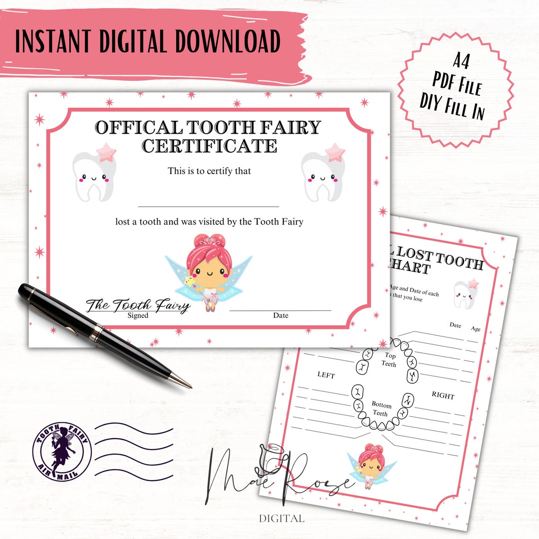 Tooth Fairy Certificate, Tooth Fairy Award, Tooth Record Chart, INSTANT ...