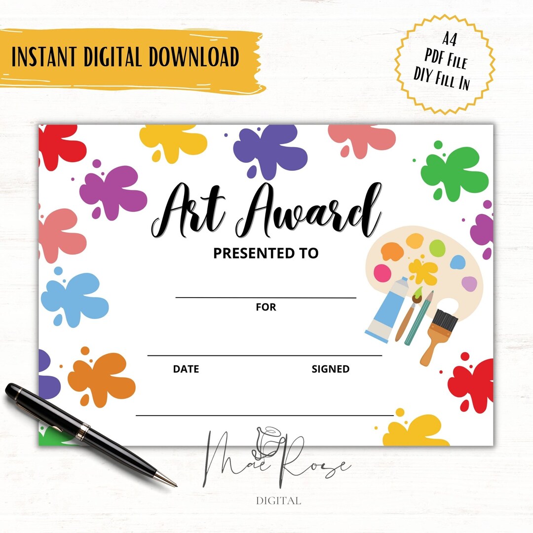 Art Children's Award, School Awards, Printable, INSTANT DOWNLOAD ...
