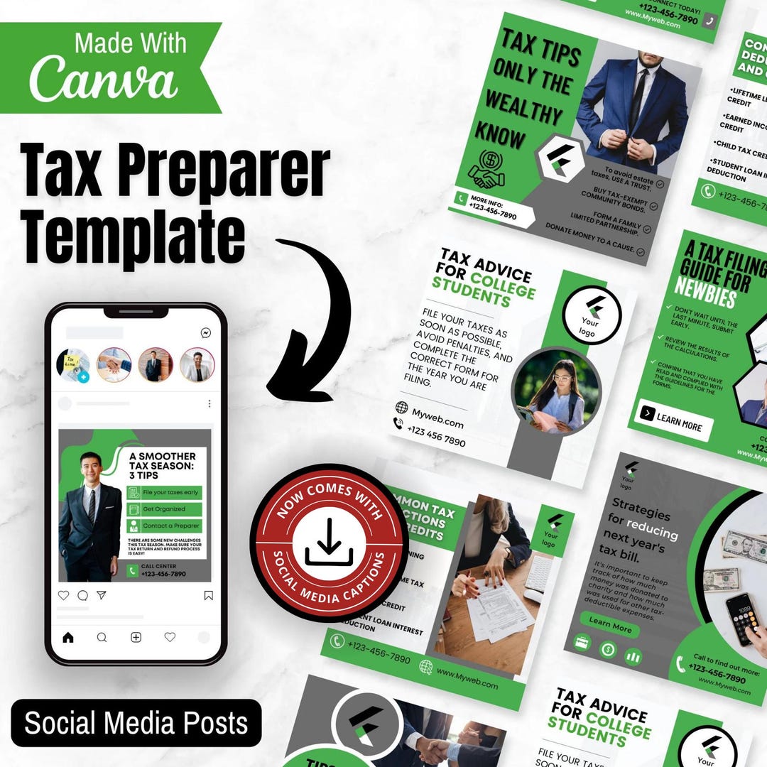 Tax Prep Instagram Canva Template: 55 Posts & Captions (digital ...