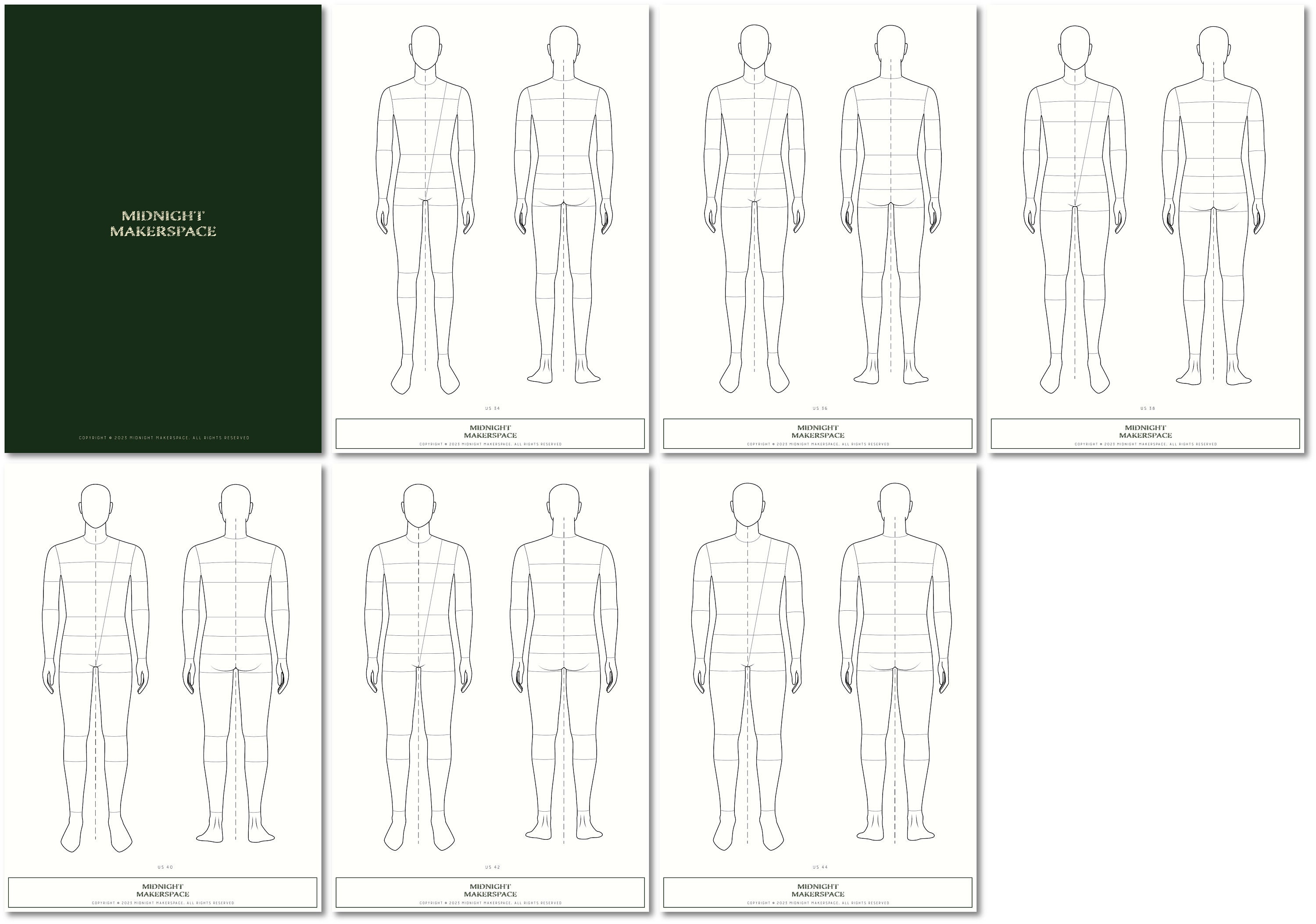 US34-US44 Fashion Male Croquis Template With Size Chart -fashion Model ...