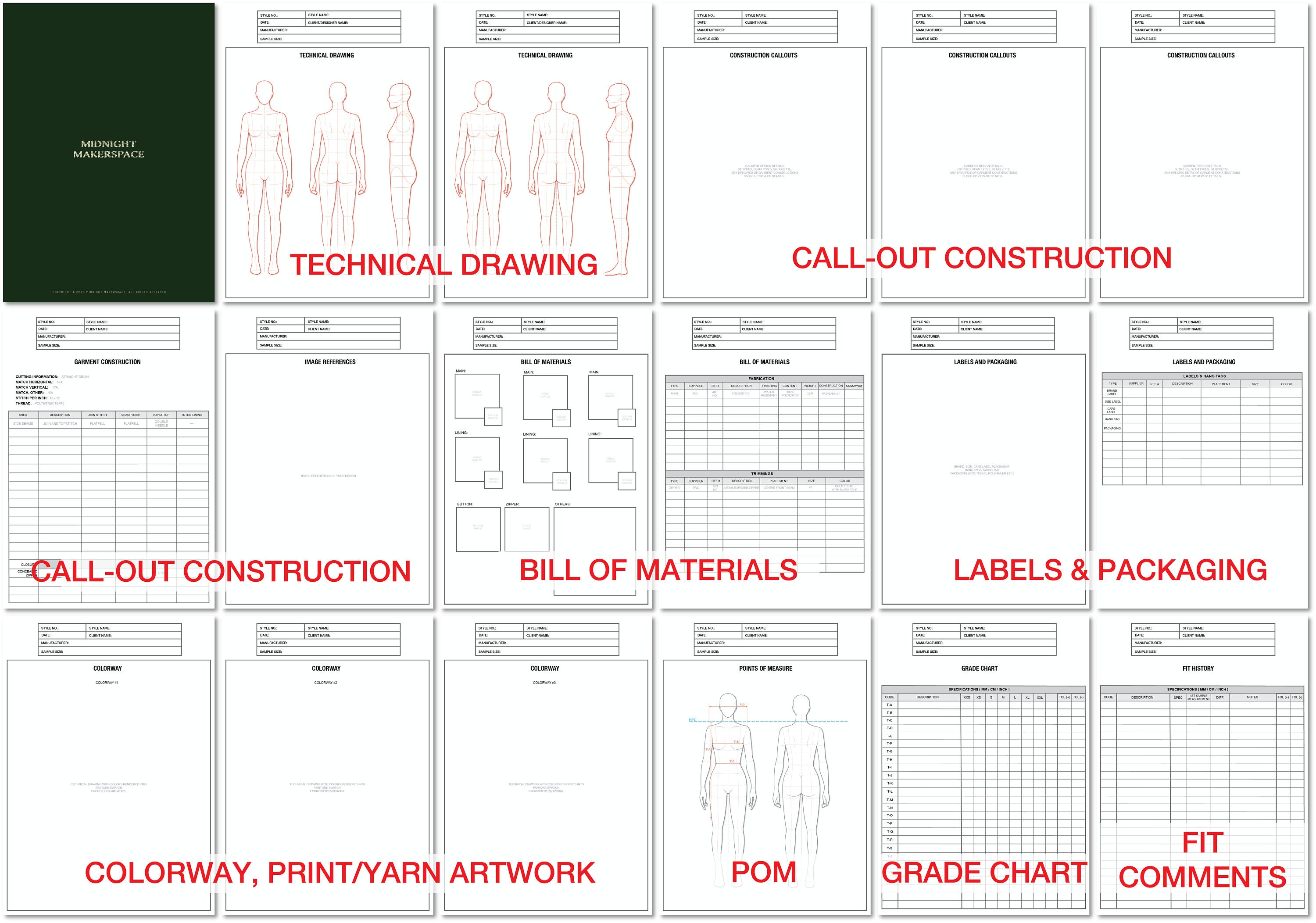 Full Details Tech Pack Template - Tech Flats, CAD Flats, Technical ...