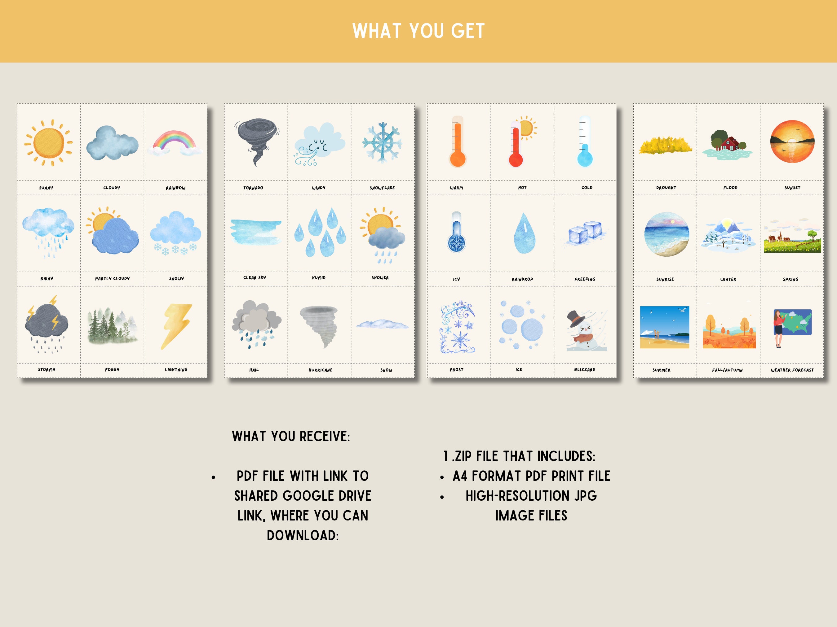 36 Weather Cards, Montessori Weather Prints, Weather Flashcards ...