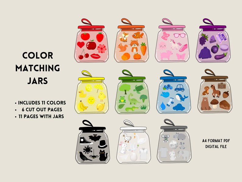 11 Color Matching Jars, Color Sorting Jars, Color Sorting Game, Color ...