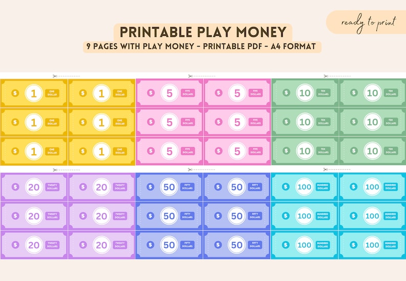 Printable Play Money for Kids, Pretend Play Money, Grocery Playing With ...
