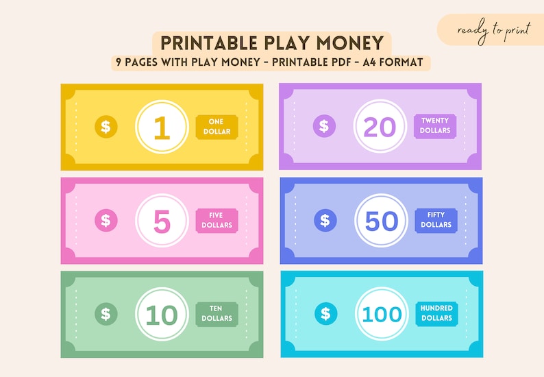 Printable Play Money for Kids, Pretend Play Money, Grocery Playing With ...