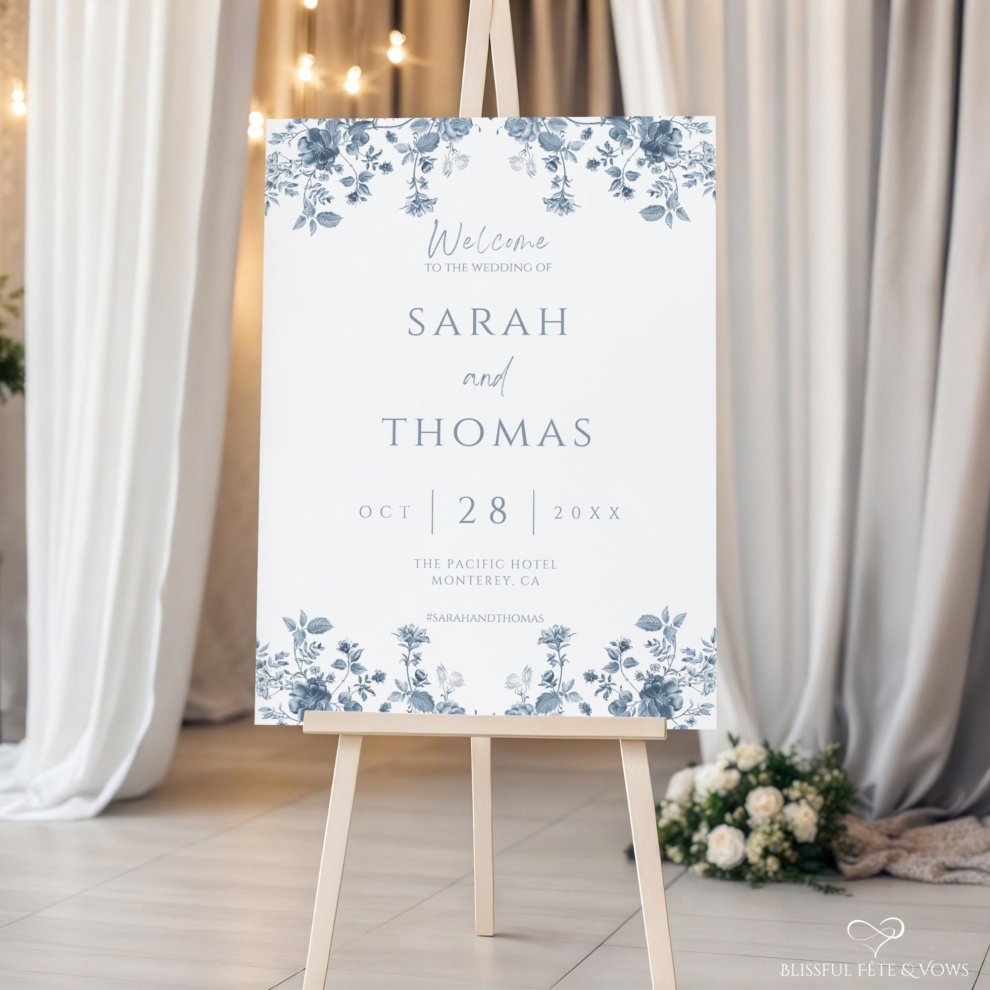 Dusty Blue Wedding Welcome Sign Canva Template – Editable Floral ...