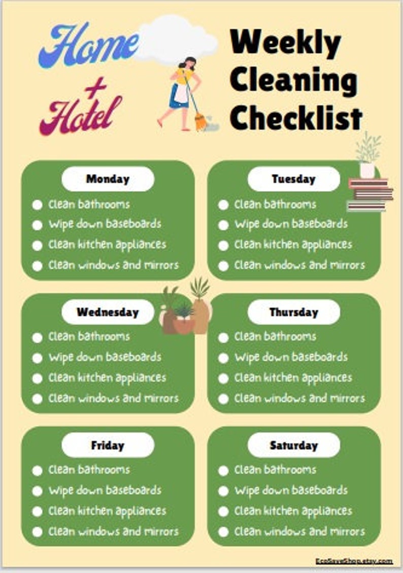 Weekly Cleaning Checklist Home And Hotel Etsy