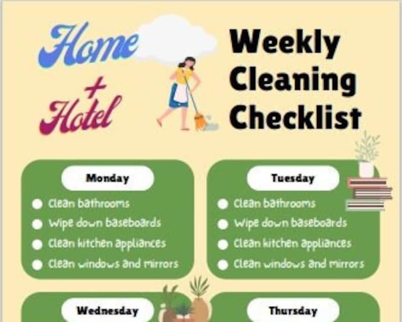 WEEKLY CLEANING CHECKLIST home and Hotel - Etsy