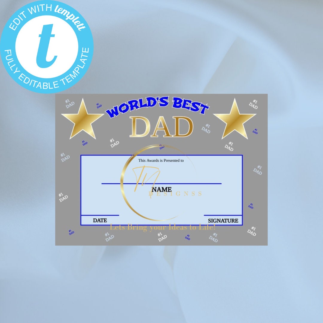 World's Best Dad Certificate Template Father's Day Gift Idea Printable ...