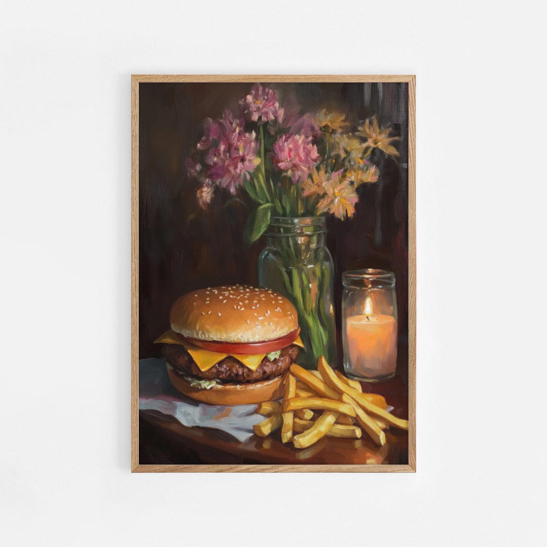 Burger and Fries, Fast Food Still Life Oil Painting, Fine Art Print ...
