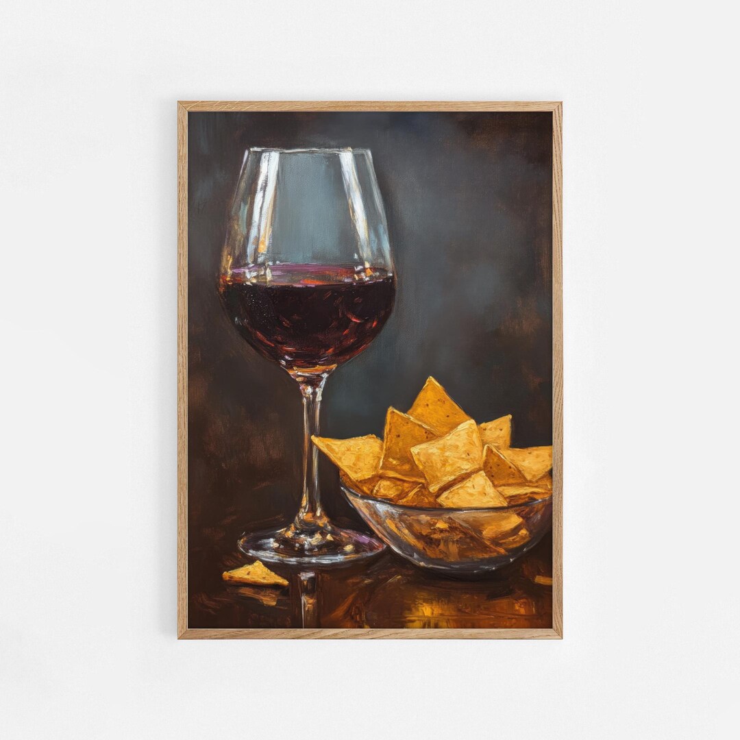 Red Wine and Nacho Cheese Chips Art Print, Cute Quirky Whimsical ...