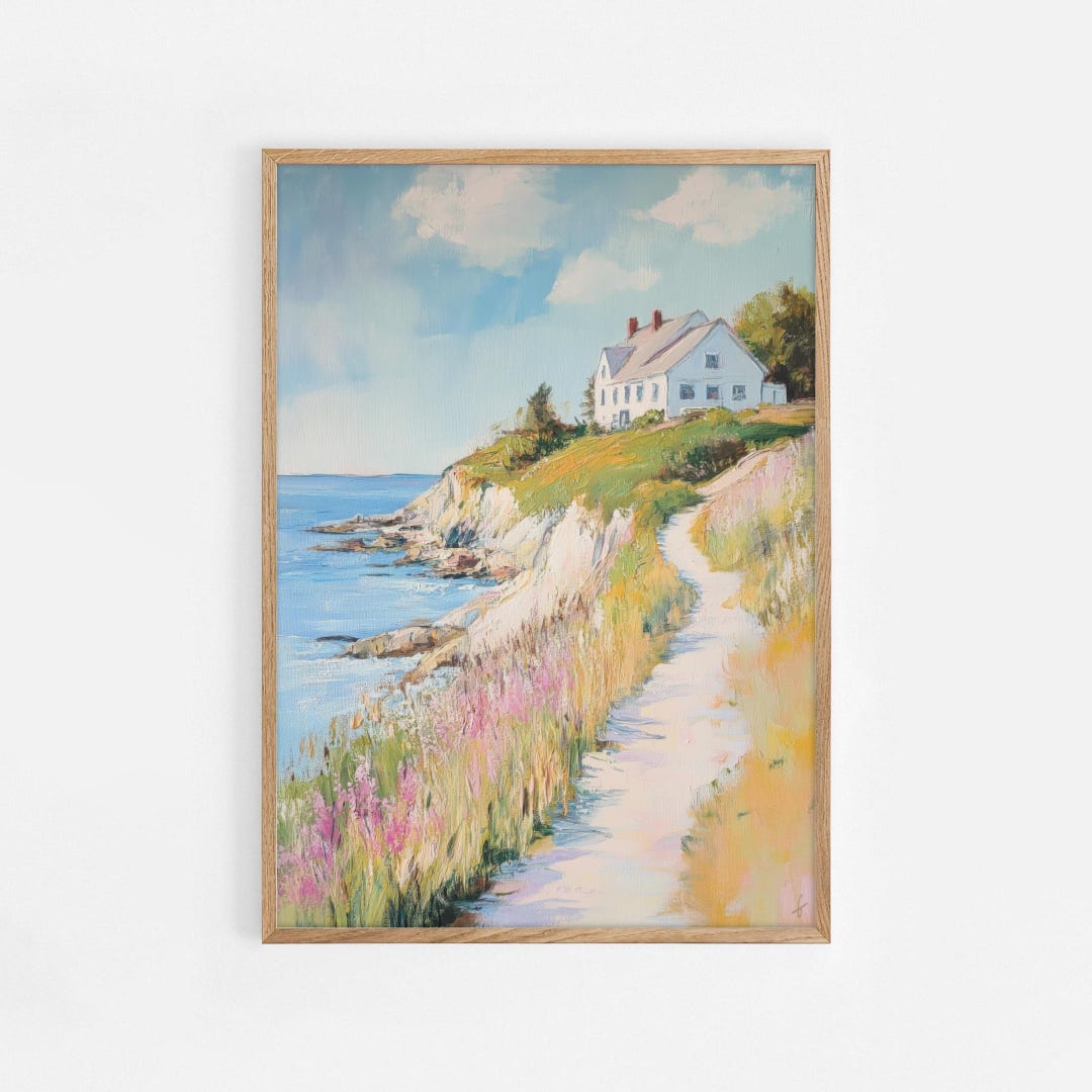 Cute Seaside Cottage Print, Spring Beach House Painting, Printable ...