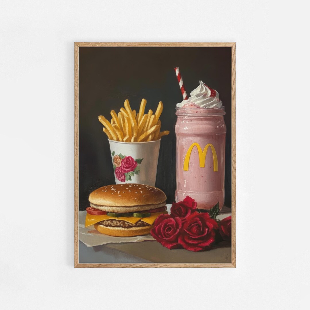 Burger and Fries, Fast Food Still Life Oil Painting, Fine Art Print ...