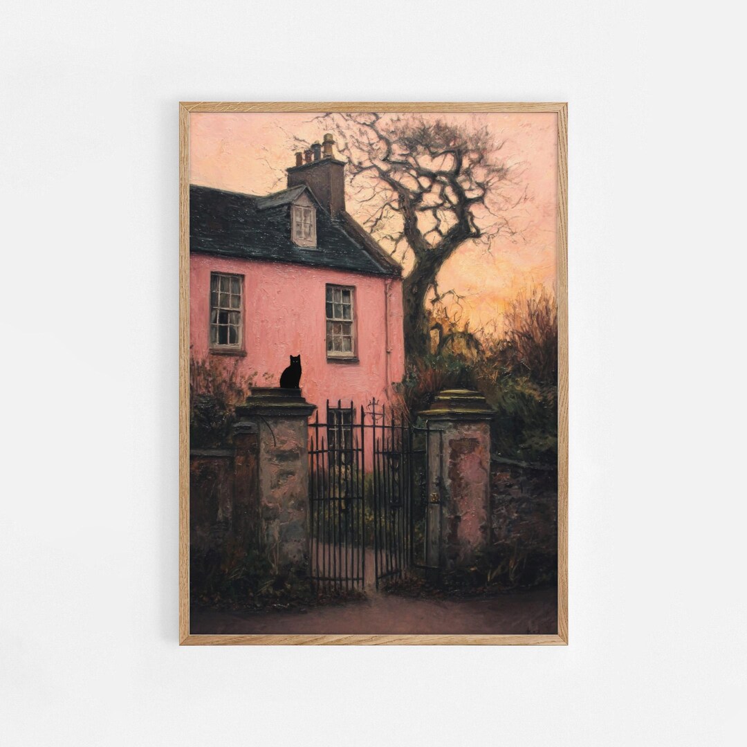 Pink Cottage & Black Cat Art Print, Moody Witchcore Wall Art, Autumn ...