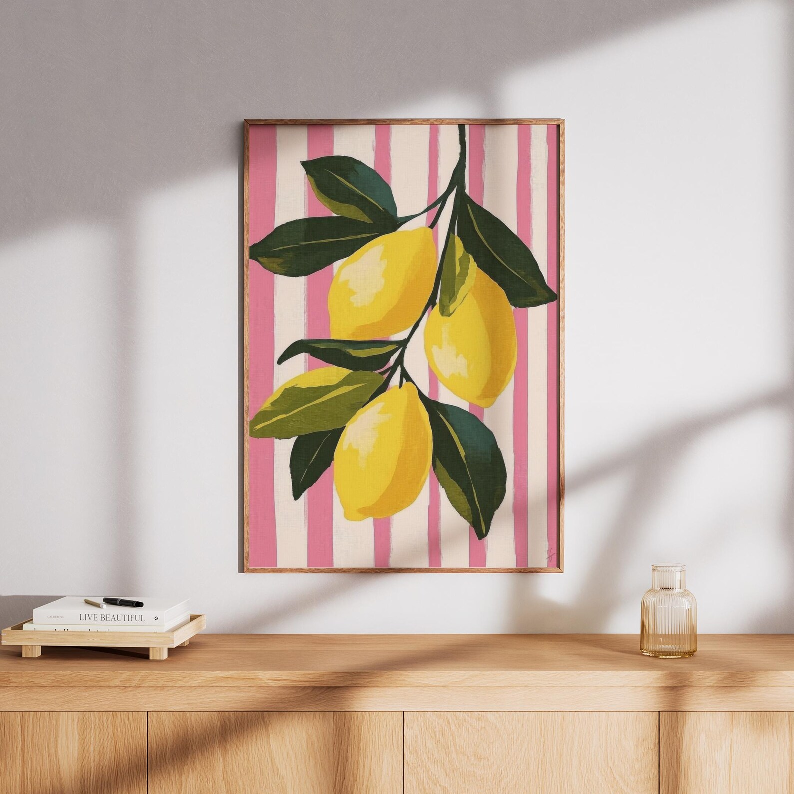 Lemons Art Print, Lemons and Pink Stripes Art, Modern Wall Art, Kitchen ...