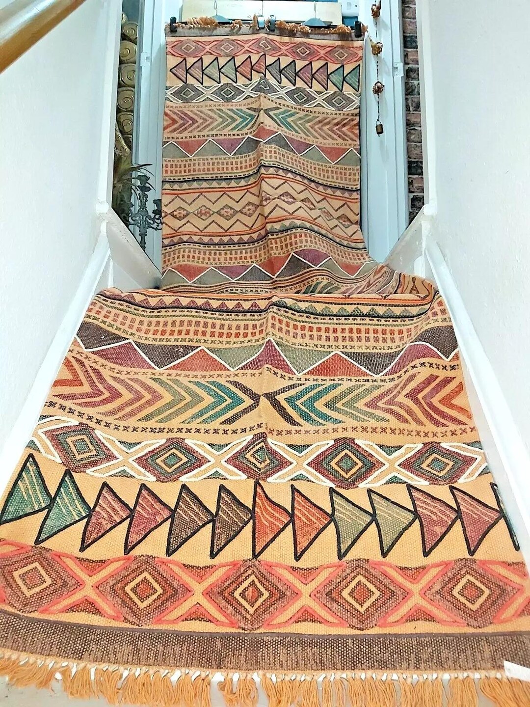 Ex Long Block Print Aztec Indian Rug With Hand Embroidery 75cm X 240cm ...