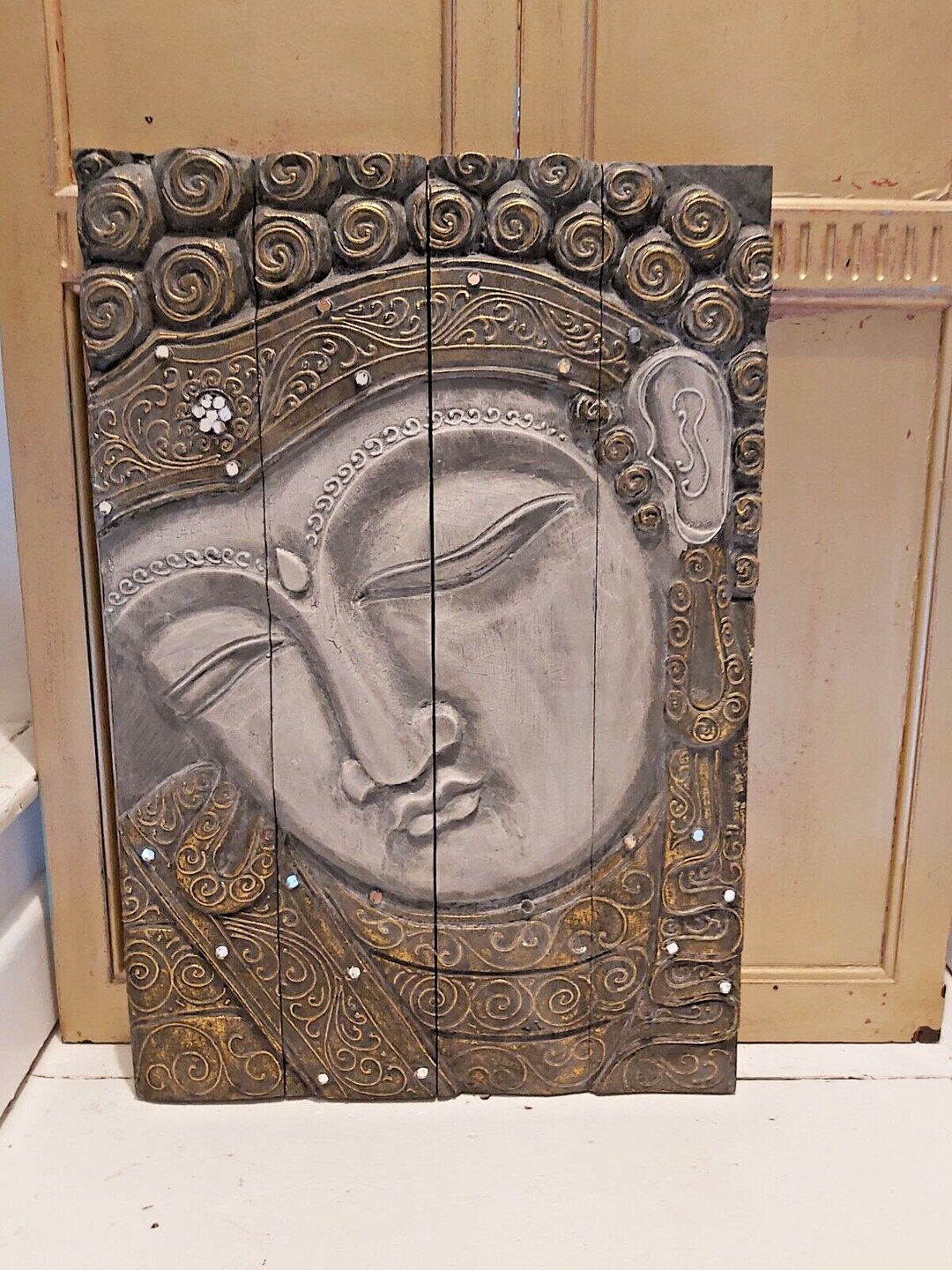 Hand Carved Solid Wood Hand Painted Buddha Screen/plaque - 58cm Tall - Etsy