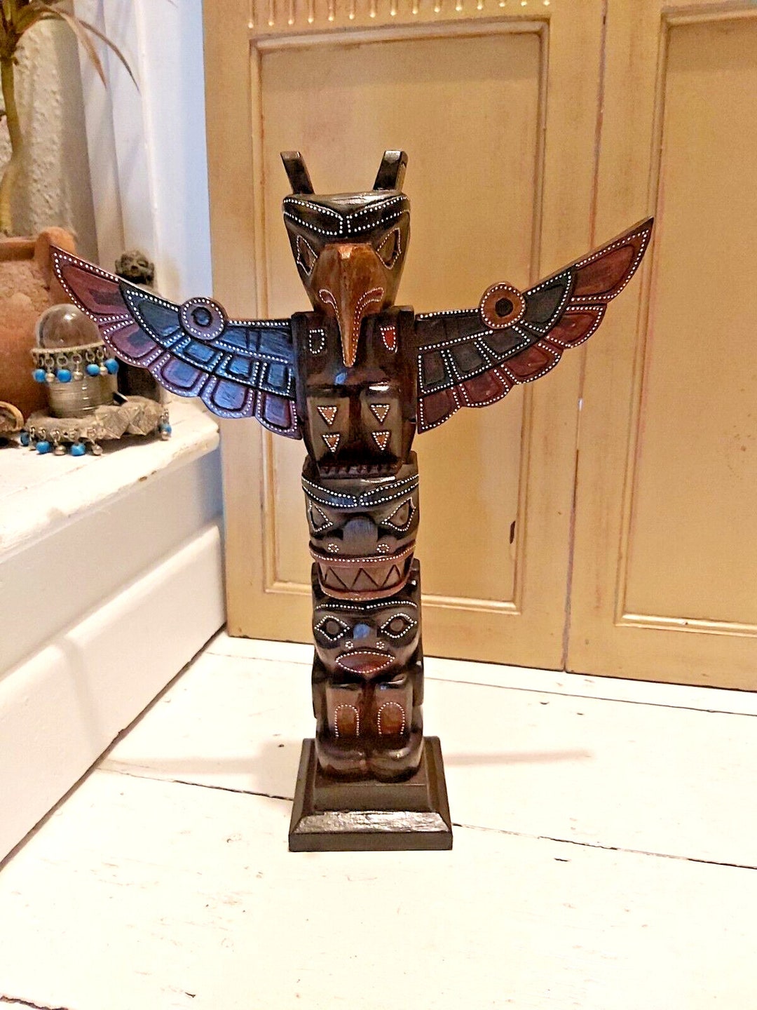 Hand Carved Solid Wood Painted Decorative Totem Pole - 40cm Tall - Etsy