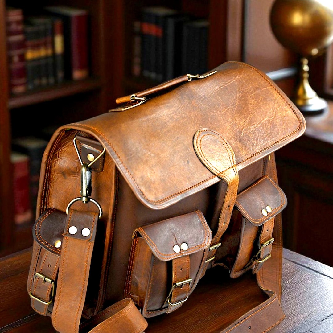 Personalized Leather Messenger Bag: Vintage Brown Crossbody Laptop ...