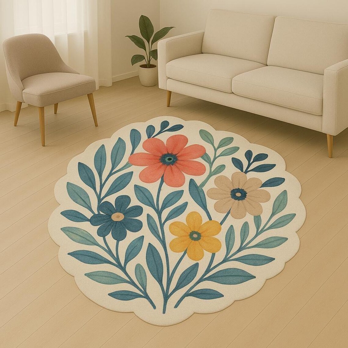 Floral Scalloped Wool Blend Rug: Whimsical Cottagecore Home Decor - Etsy