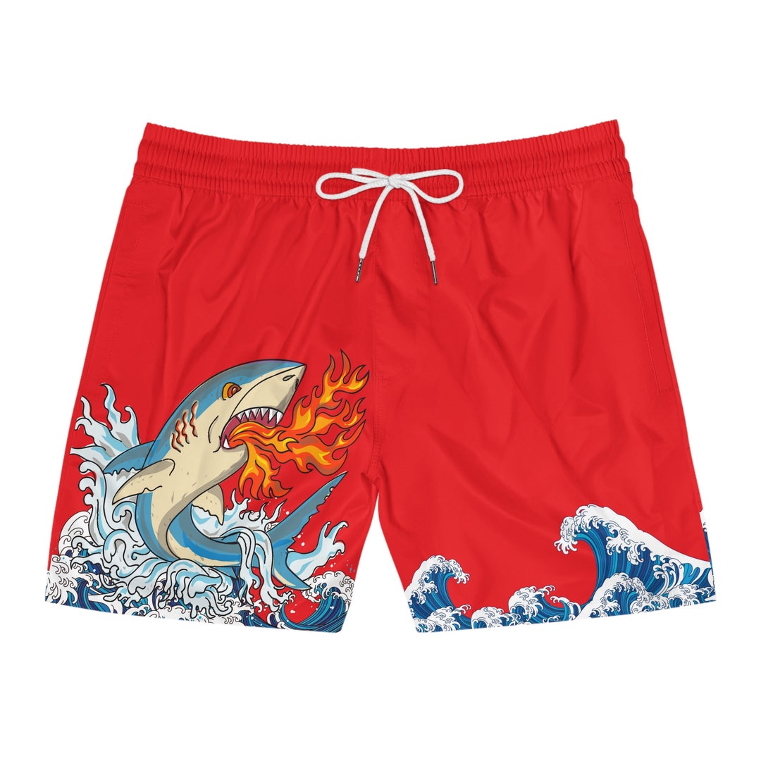 Fire Breathing Shark Red Swimming Trunks the Trendy Swimmer Men's Mid ...
