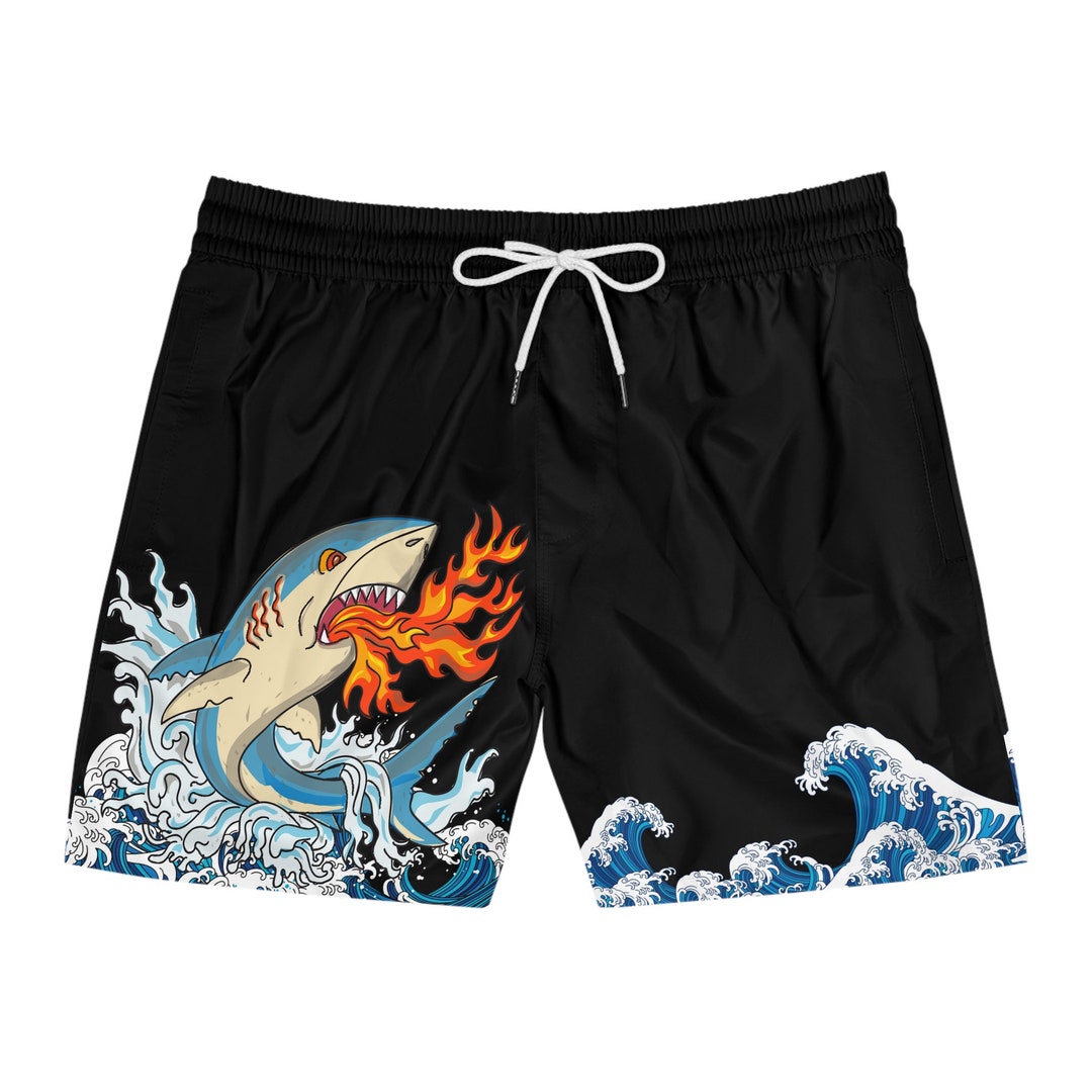 Fire Breathing Shark Black Swimming Trunks the Trendy Swimmer Men's Mid ...