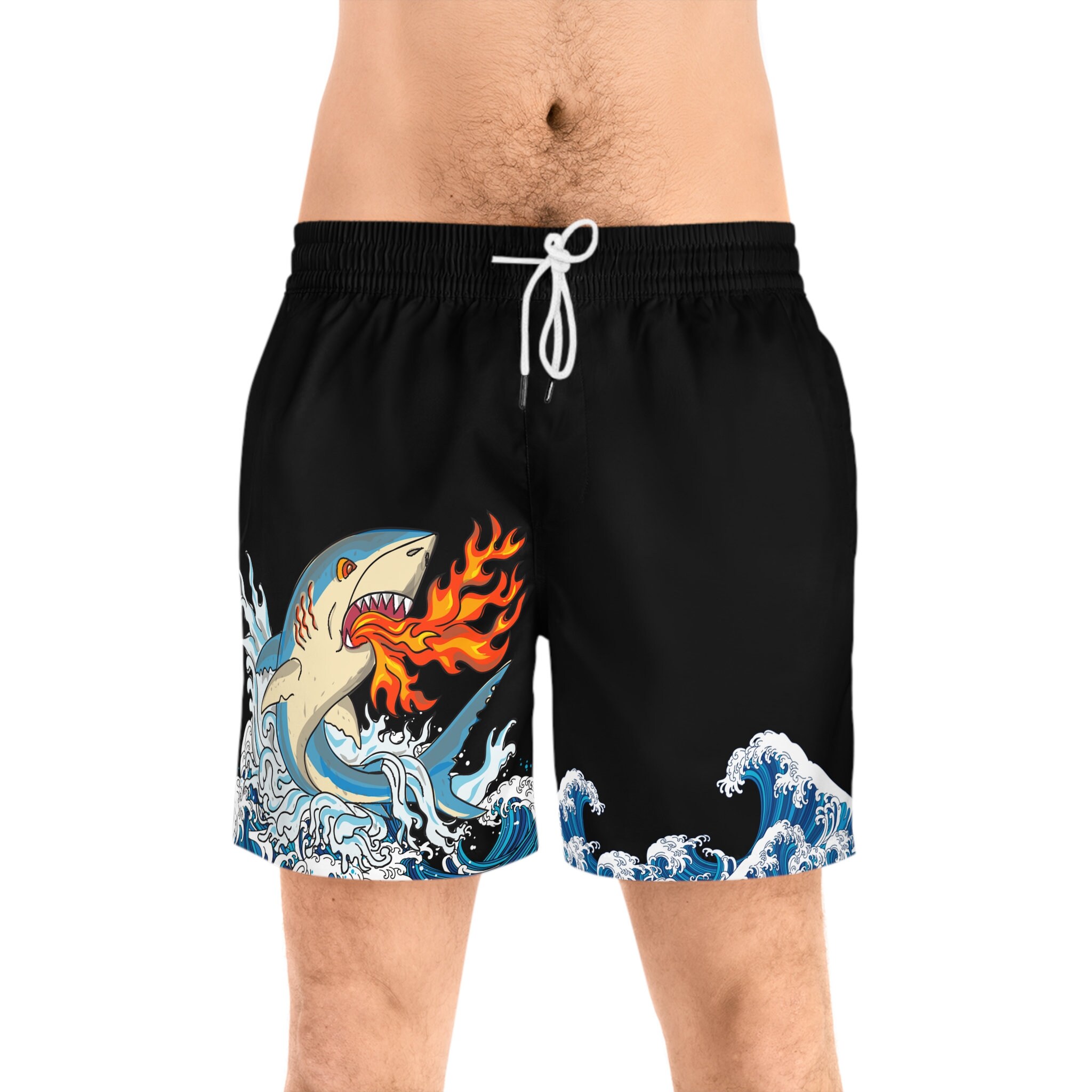 Fire Breathing Shark Black Swimming Trunks the Trendy Swimmer Men's Mid ...