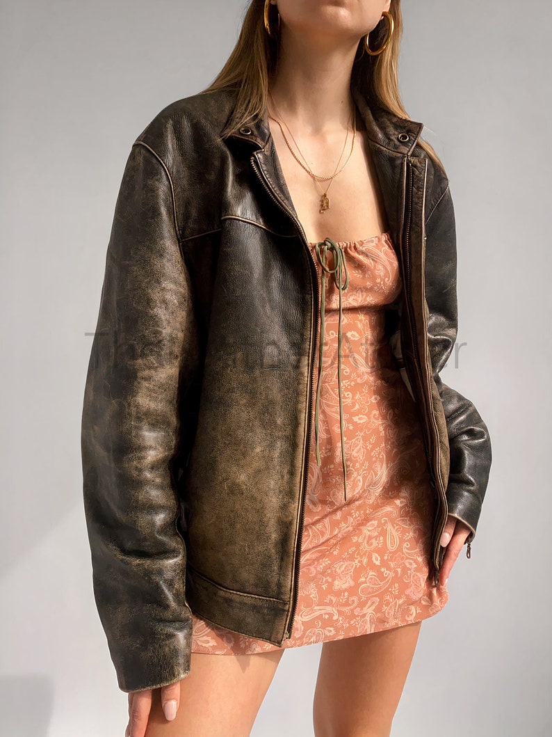 90s Women Vintage Oversized Straight Leather Jacket, Ladies Leather Jacket, Ladies Biker Jacket ...