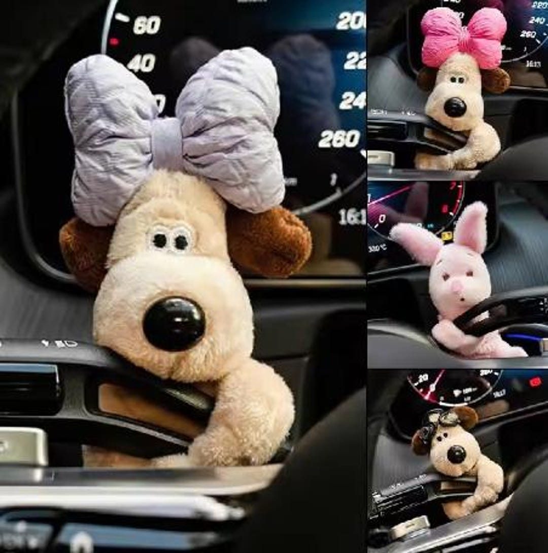 Car Gear Shift Lever Decor - Cute Bowknot Dog Plush Doll With Turn ...