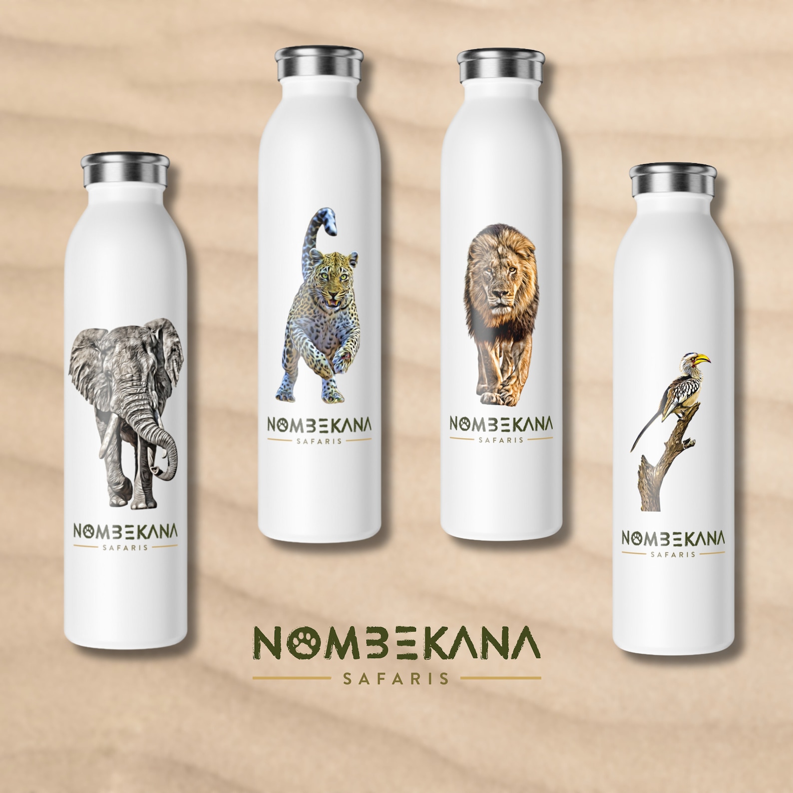 Water Bottle, 20oz Slim - Elephant, Leopard, Lion, Hornbill, Nombekana ...