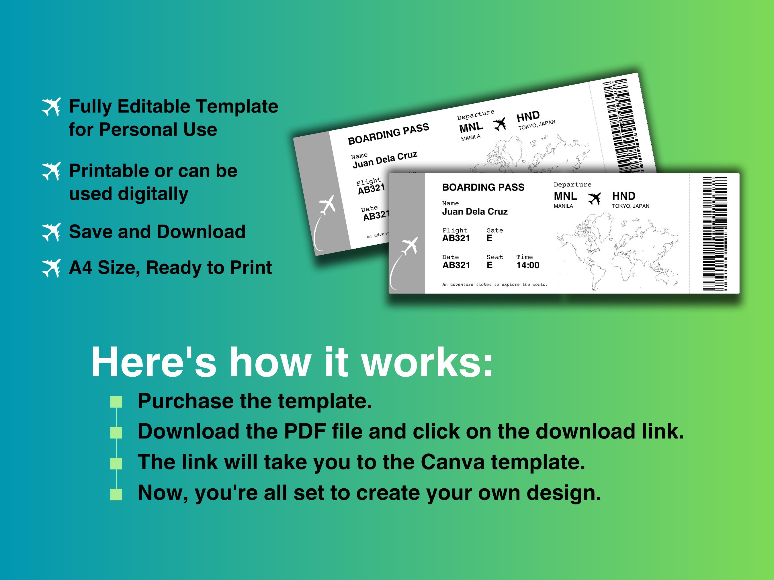 Editable Boarding Pass Template, Boarding Pass, Printable Airplane ...