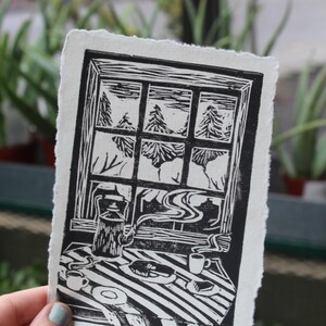 Cozy Morning Tea Hand Printed Lino Kitchen Table Linocut Blockprint 5x7 ...