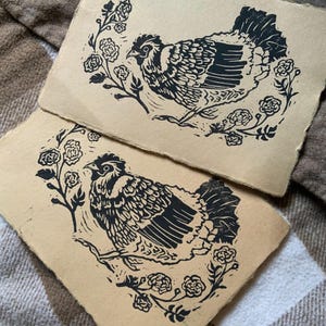 Handmade Flower Garden Hen 5x7 Lino Art Print Chicken Marigold Rustic ...