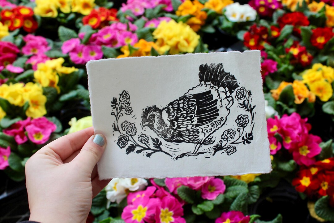 Handmade Flower Garden Hen 5x7 Lino Art Print Chicken Marigold Rustic ...