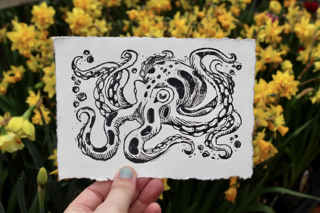 Nautical Octopus Linocut Art Print: 5x7 Deep Sea Wall Decor - Etsy