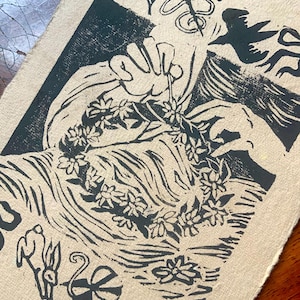 Sewing a Flower Crown Linocut 5x7 Print- Whimsical Floral Vintage ...