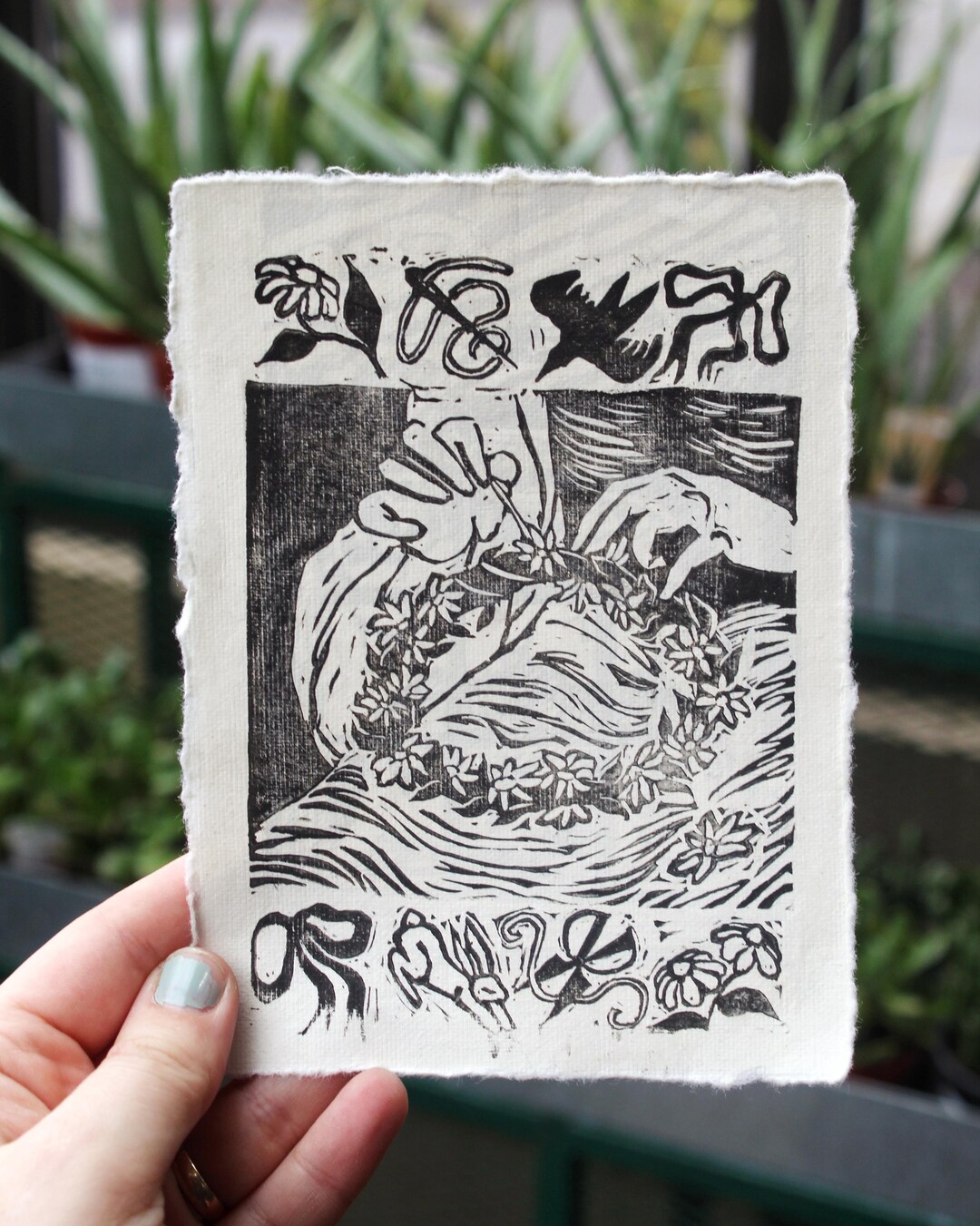 Sewing a Flower Crown Linocut 5x7 Print- Whimsical Floral Vintage ...