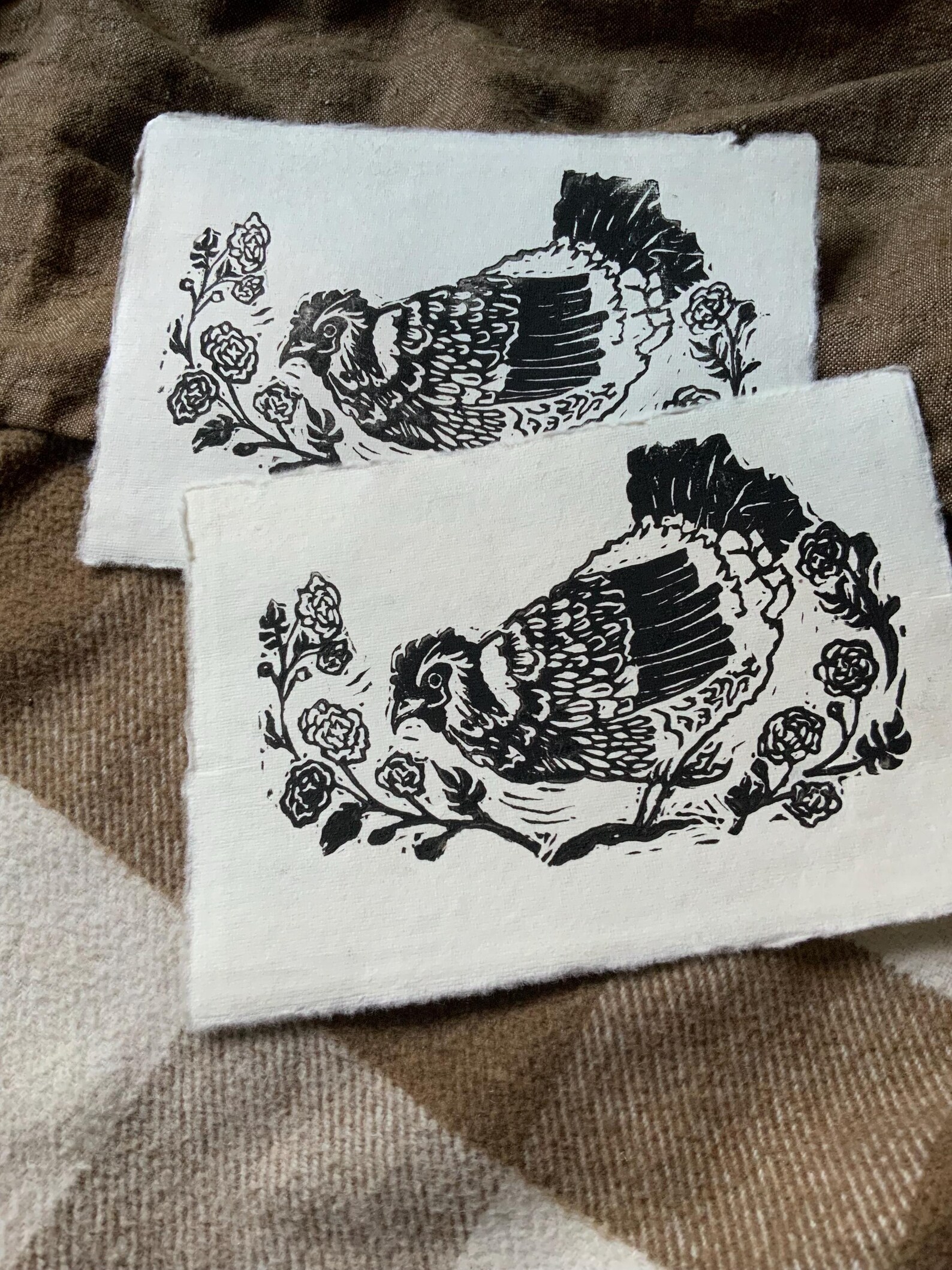 Handmade Flower Garden Hen 5x7 Lino Art Print Chicken Marigold Rustic ...