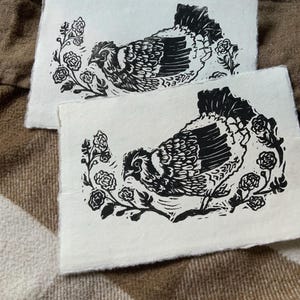 Handmade Flower Garden Hen 5x7 Lino Art Print Chicken Marigold Rustic ...
