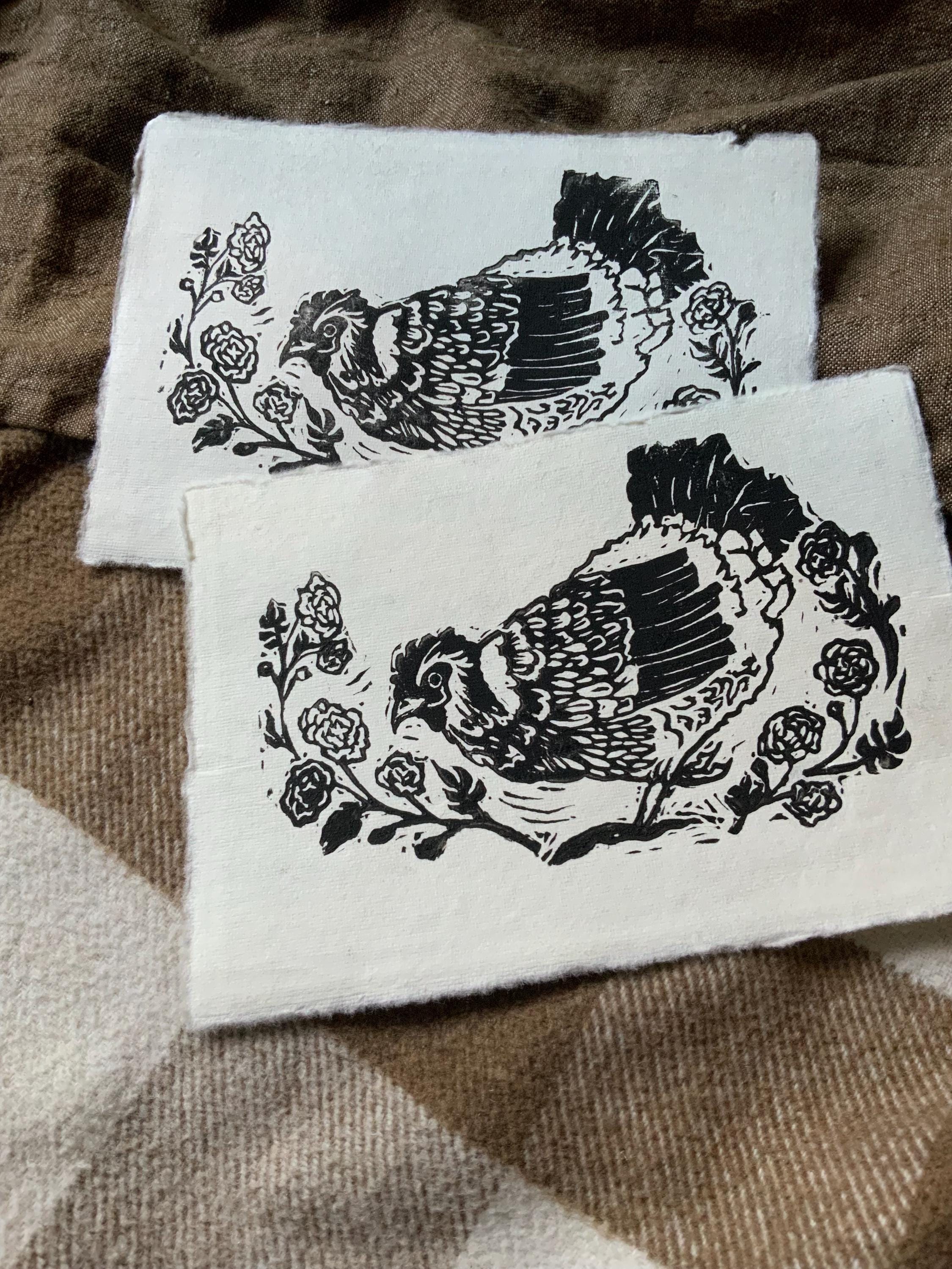 Handmade Flower Garden Hen 5x7 Lino Art Print Chicken Marigold Rustic ...