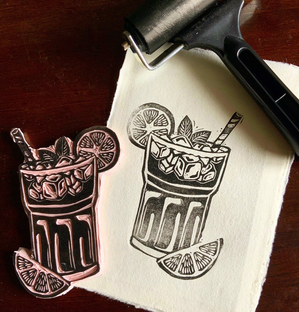 Classy Cold Drinks in Summer Linocut Blockprint 5x7 Handmade Art Print ...