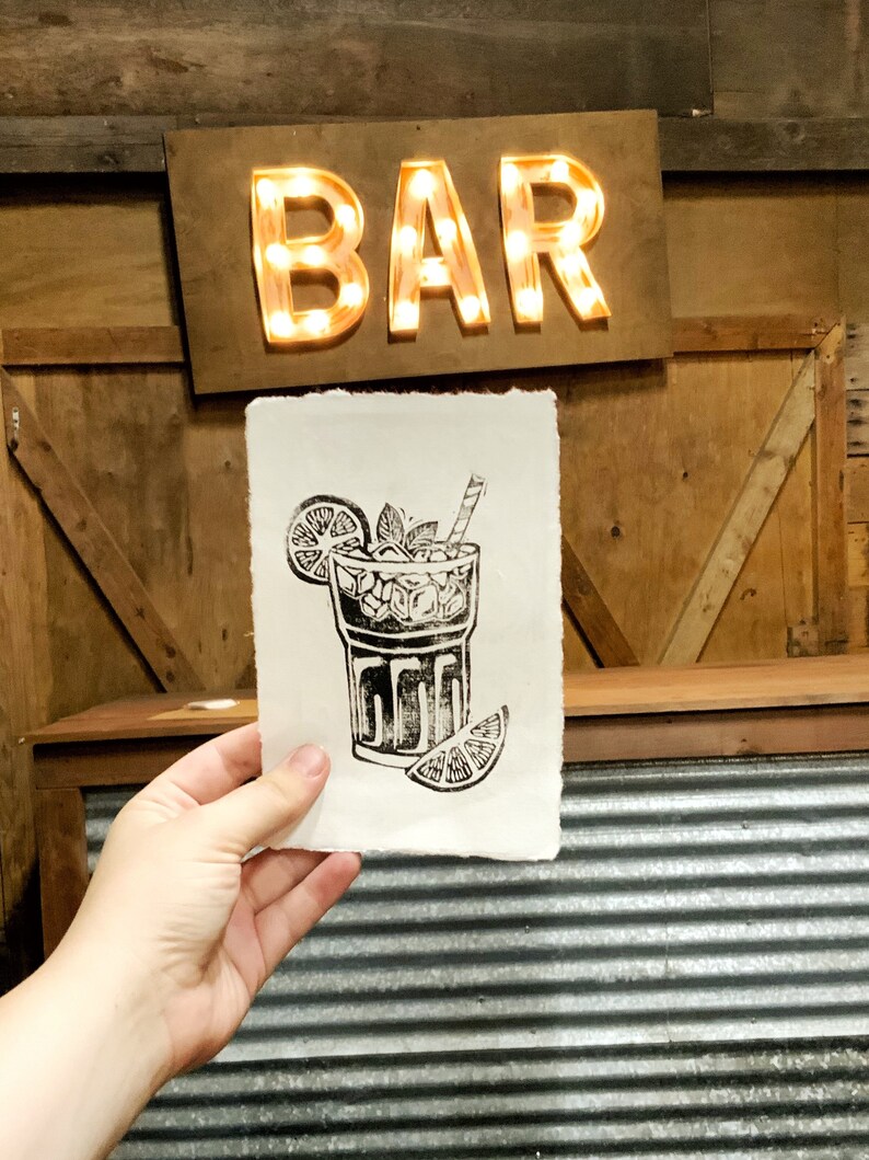 Classy Cold Drinks in Summer Linocut Blockprint 5x7 Handmade Art Print ...
