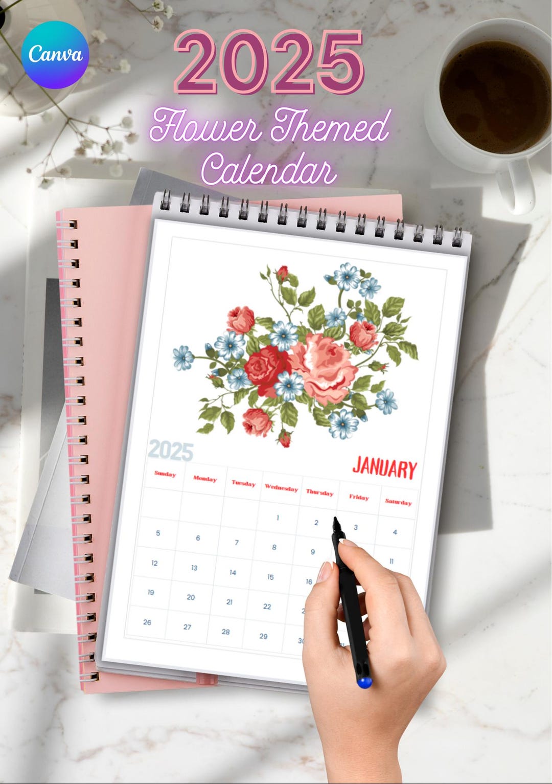 Printable and Editable With Canva 2025 Flower Calendar - Etsy