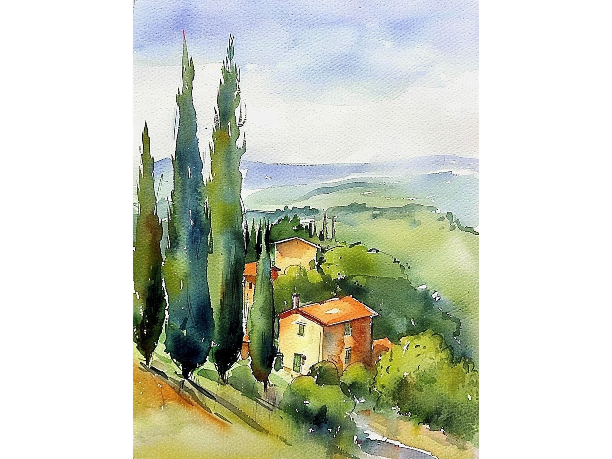 Tuscany Rustic House Watercolor Art Print Italian Countryside Fields ...